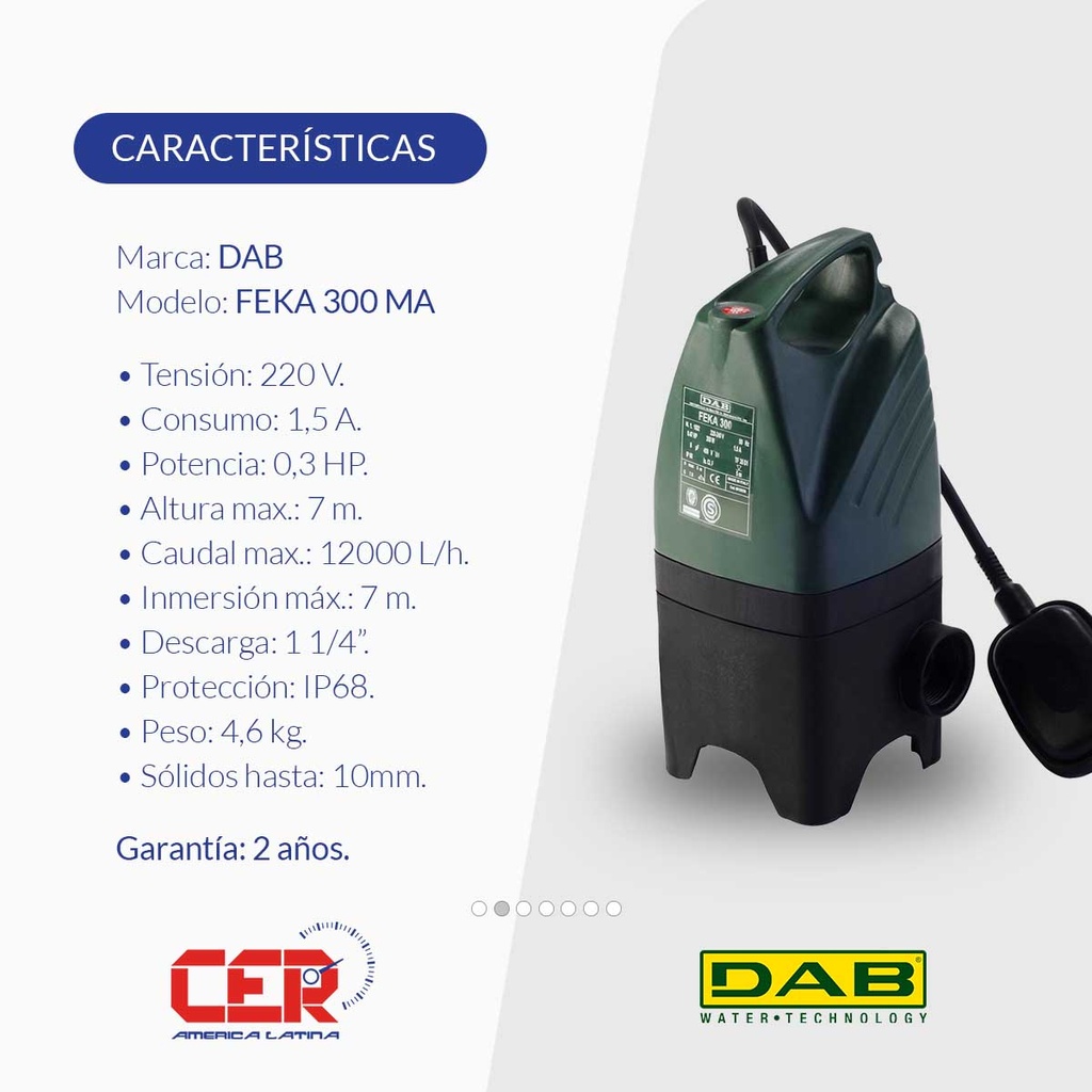 BOMBA SUMERGIBLE DE DRENAJE DAB MODELO FEKA 300M-A - 0,4 HP - PARA ...